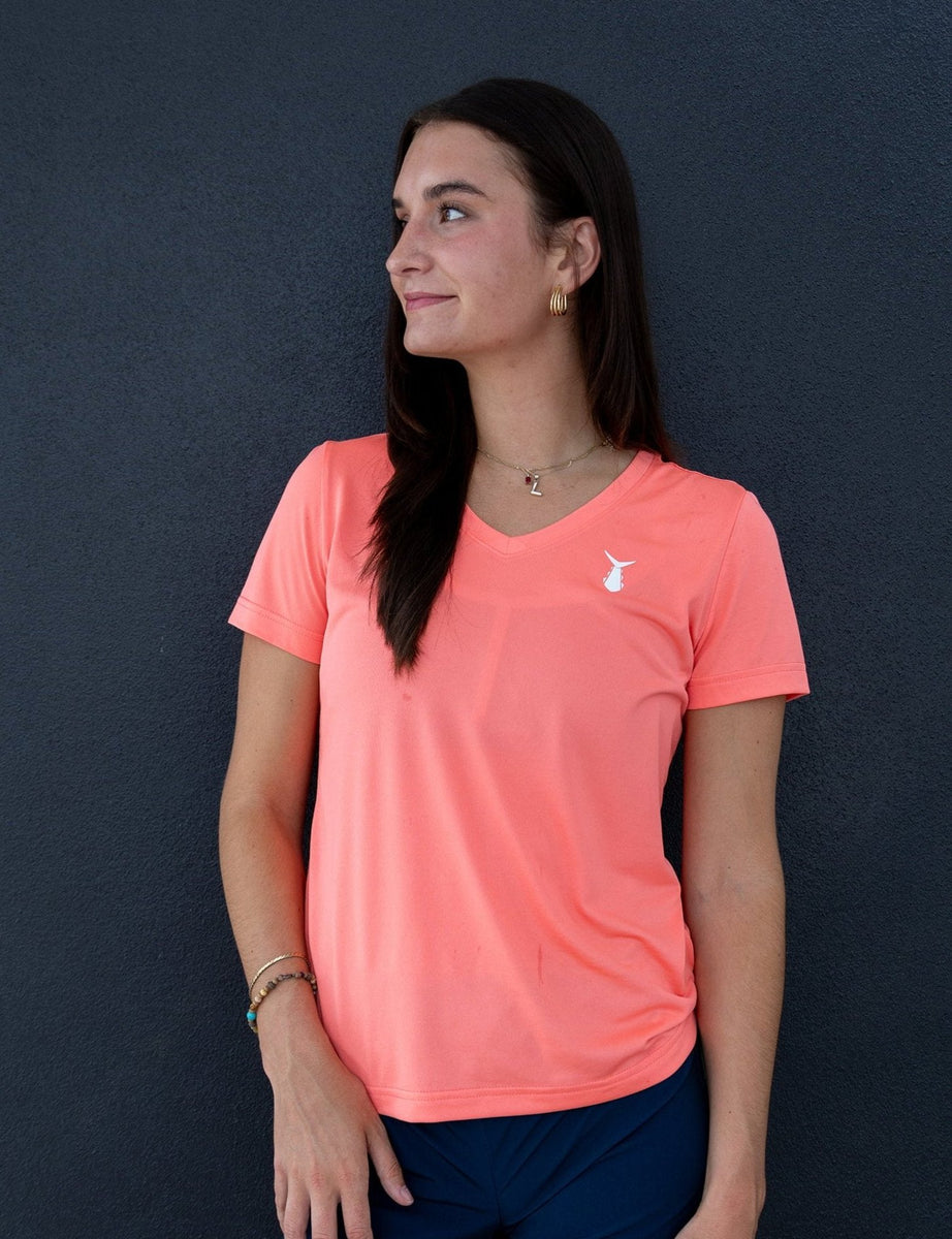 Women's Echo Performance Short Sleeve V-Neck | Coral – Tunaskin Aquatic Apparel