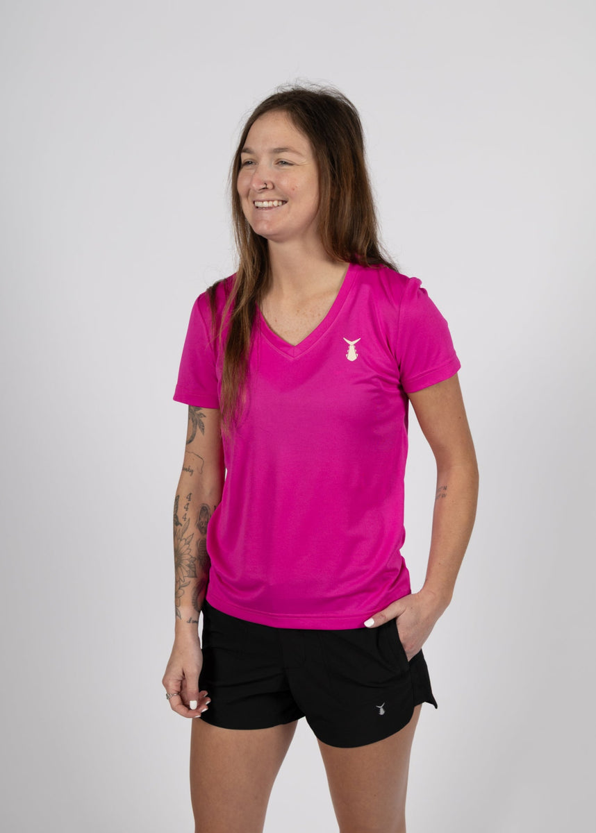 Women's Echo Performance Short Sleeve V-Neck | Dragonfruit – Tunaskin Aquatic Apparel
